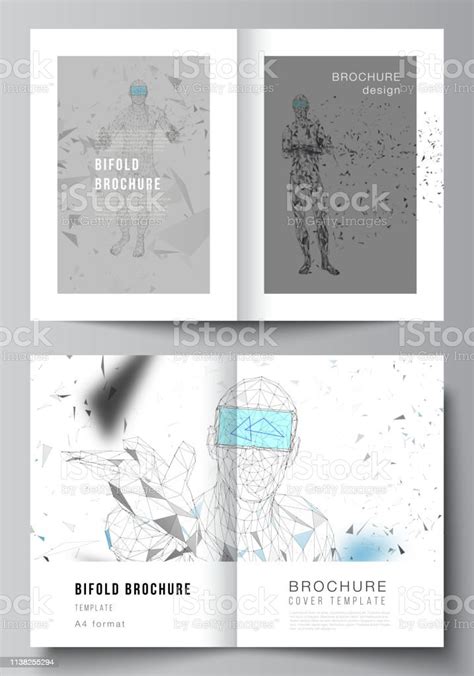 이중 브로셔 잡지 전단지 소책자 보고서에 대 한 두 개의 A4 형식 표지 모형 디자인 서식 파일의 벡터 레이아웃 가상 현실의 안경을 가진 남자 추상 Vr 미래 기술