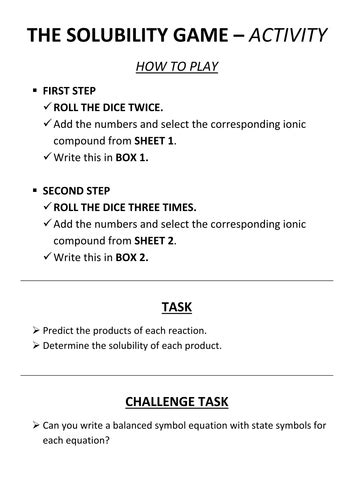 Solubility Rules Game Predicting Products And Generating Chemical