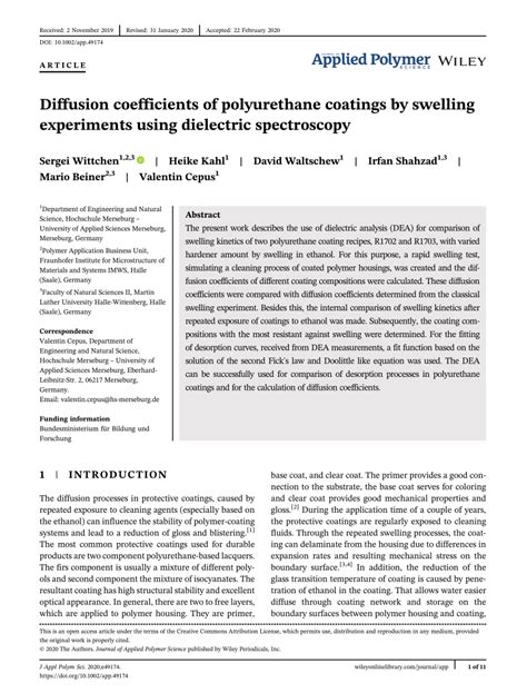 Pdf Diffusion Coefficients Of Polyurethane Coatings By Swelling