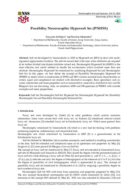 Pdf Possibility Neutrosophic Hypersoft Set Pnhss