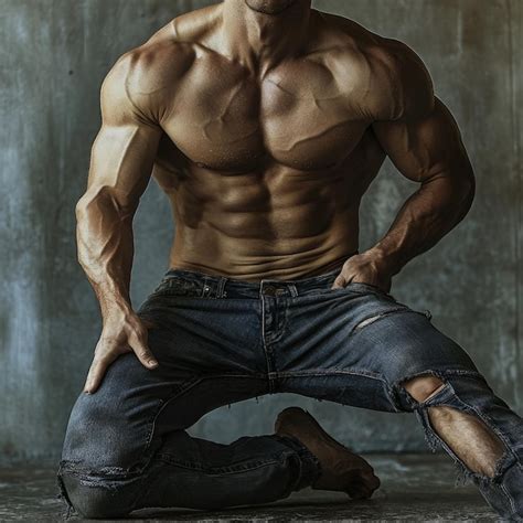 Muscular Man In Ripped Jeans Showcasing His Toned Physique Premium Ai