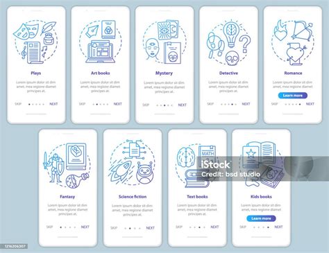 선형 개념으로 모바일 앱 페이지 화면을 온보딩 책 카탈로그 다른 책 장르 연습 단계 그래픽 지침 파란색으로 설정 Ux Ui