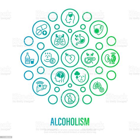 원 모양의 알코올 중독 얇은 선 아이콘입니다 강한 음료 금 단 증상 비타민 결핍 면역 감소 내부 장기 손상 우울증 치 매 폐기 종 벡터 그림입니다 간 내부 기관에 대한 스톡