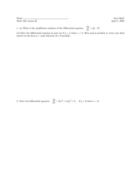 Differential Equation Calculus Quiz Docsity