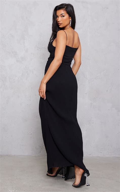 Black Strappy Pleated Maxi Dress Dresses Plt