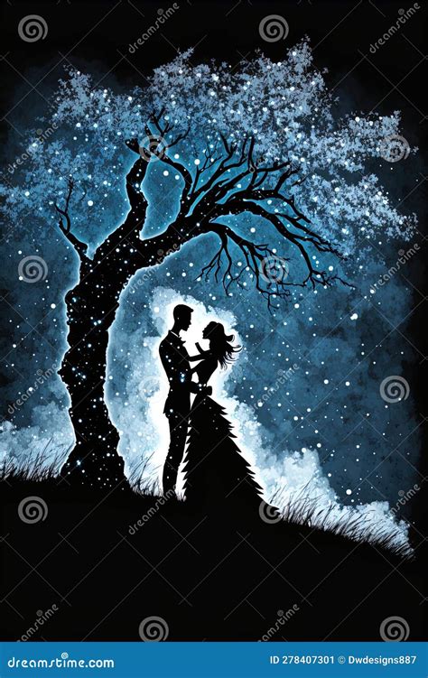 Silhouette Of A Romantic Couple Embracing Against The Starry Night Sky
