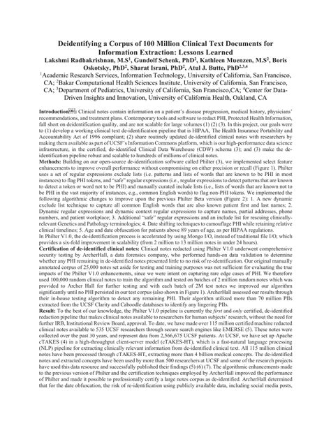 Pdf Deidentifying A Corpus Of 100 Million Clinical Text Documents For