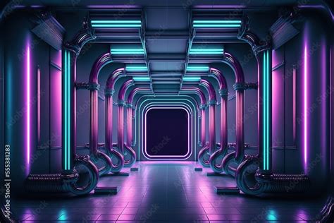 Abstract Light Tunnel Corridor With Neon Light Hi Tech Sci Fi Passageway Metallic Light