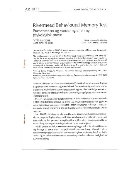 Pdf Rivermead Behavioural Memory Test