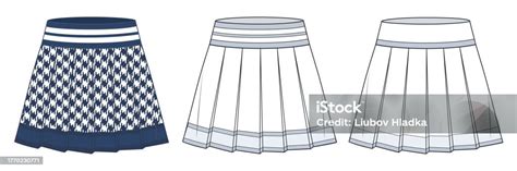 주름 미니 스커트 테크니컬 패션 일러스트 하운드 투스 패턴 스커트 세트 패션 플랫 기술 도면 템플릿 정면도 화이트 블루 여성 Cad 모형 세트 주름 무늬에 대한 스톡 벡터