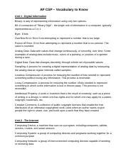 AP CSP Vocabulary To Know Docx AP CSP Vocabulary To Know Unit Digital Information
