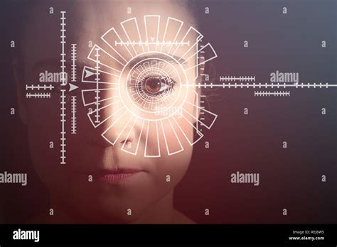 Security Scan Of Woman Iris Or Retina To Determine Identity Technology Looking At Eye Stock