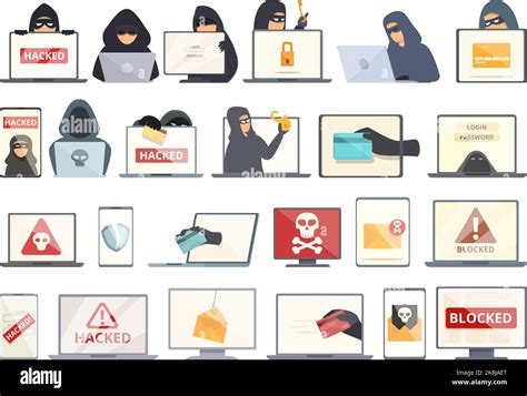 Hacker Attack Icons Set Cartoon Vector Fraud Hacking Attack Criminal