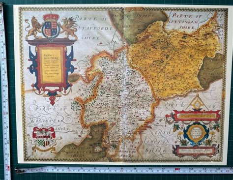 Old Tudor Saxton 1500s Poster Map Warwickshire Leicestershire Antique