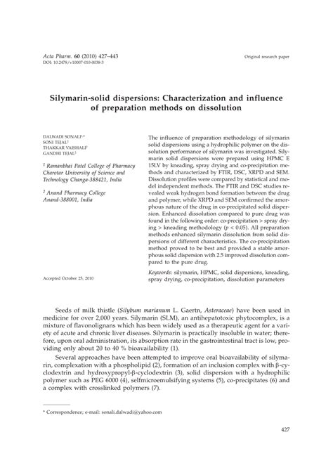 Pdf Silymarin Solid Dispersions Characterization And Influence Of Preparation Methods On