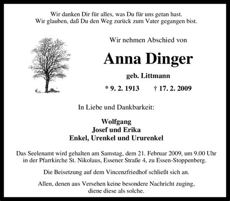 Traueranzeigen Von Anna Dinger Trauer In Nrw De