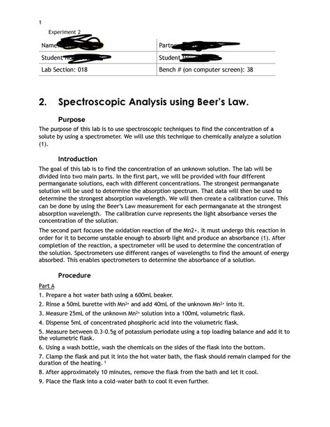 Spectroscopic Analysis Using Beers Law Lab Copy Experiment 2 2