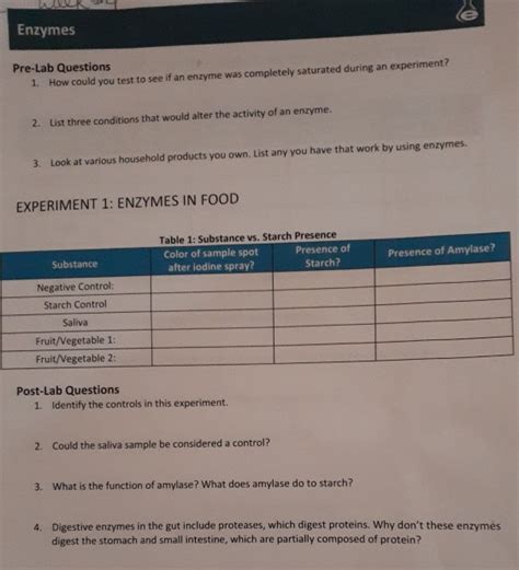 Solved E Enzymes Pre Lab Questions 1 How Could You Test To