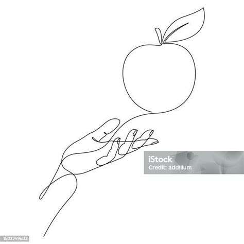 사과 열매를 들고 있는 손의 연속 선 그리기 한 라인 아트 스타일로 그려진 사과 과일 벡터 그림입니다 건강한 식생활에 대한 스톡 벡터 아트 및 기타 이미지 Istock