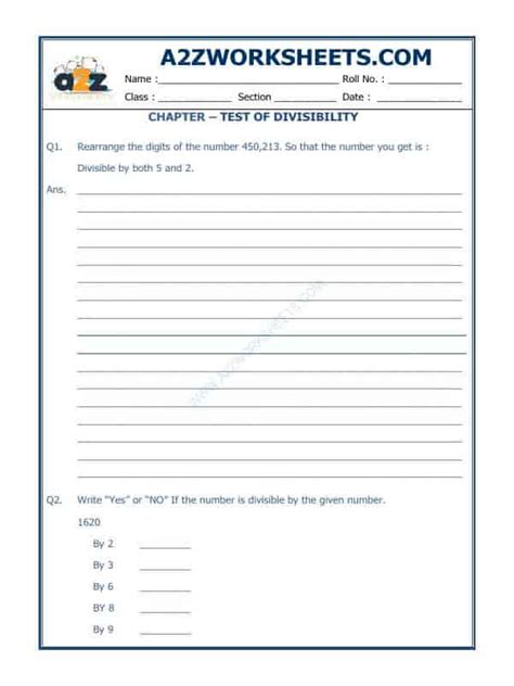 A2zworksheetsworksheet Of Test Of Divisibility 03 Division Maths