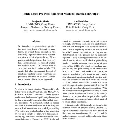 Touch Based Pre Post Editing Of Machine Translation Output Acl Anthology