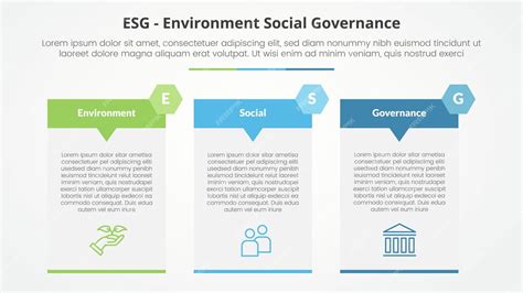 스라이드 프레젠테이션을 위한 Esg 프레임워크 인포그래픽 개념 큰 테이블 화살표 헤더 배지 3점 목록 평평한 스타일 무료 벡터