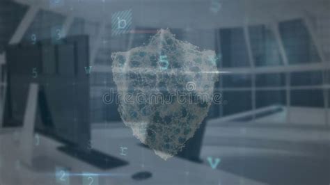 animation of cyber security warning text and shield over office stock