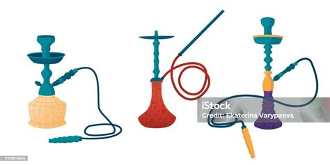 흰색 배경에 고립 된 평면 스타일의 물 담뱃대 그림의 집합입니다 라운지 바와 연기 가게 아이콘 물 담뱃대 클럽과 집 엠블 럼 벡터 맛이 첨가된 담배를 기화시키고 피우기 위한