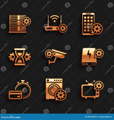 Set Security Camera Setting Washer Tv Power Bank Fast Payments And Hourglass Icon Vector