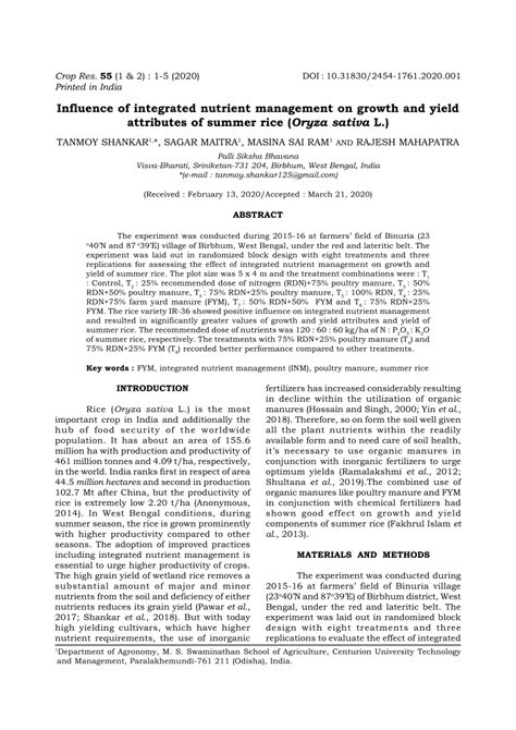 Pdf Influence Of Integrated Nutrient Management On Growth And Yield Attributes Of Summer Rice