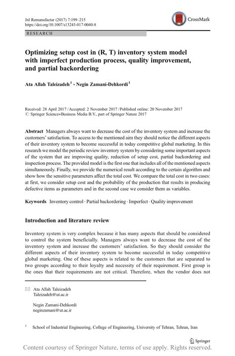 Optimizing Setup Cost In R T Inventory System Model With Imperfect Production Process