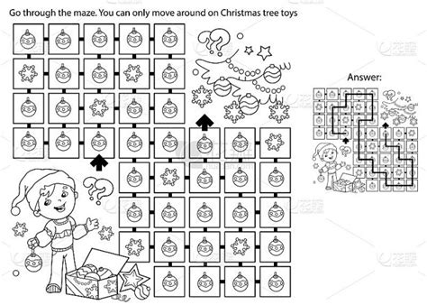 迷宫或迷宫游戏。谜题。涂色页大纲的卡通男孩装饰圣诞树。圣诞节。新年。儿童涂色本。