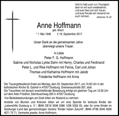 Traueranzeigen Von Anne Hoffmann Trauer In Nrwde