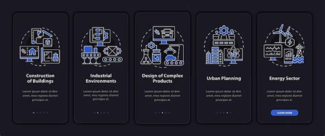Night Mode Onboarding Screen Of A Mobile App Displaying Use Cases Of Digital Twins Vector Step