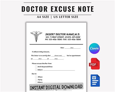 Doctor Excuse Note Editable Doctor Excuse Note For Work Printable Doctors Note Template