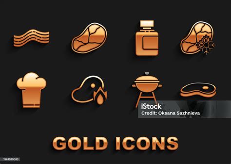 구운 스테이크 고기와 불 불꽃 신선한 냉동 스테이크 바베큐 그릴 요리사 모자 소스 병 베이컨 줄무늬 및 아이콘을 설정합니다 벡터 검은색에 대한 스톡 벡터 아트 및 기타