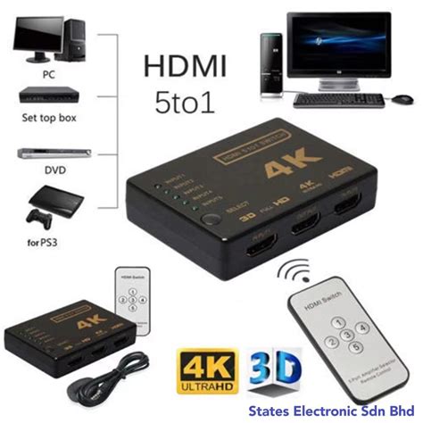 HDMI Switch 5 Input 1 Output 5 Ports 4k HDMI Switcher Selector With IR Remote For HDTV DVD