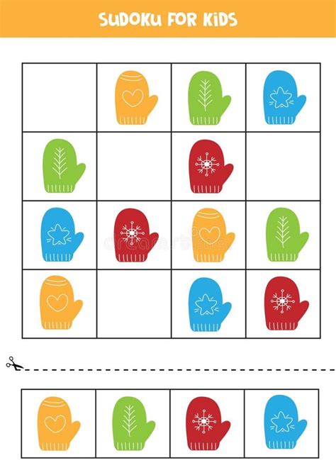Educational Sudoku Game With Cute Cartoon Colorful Mittens Stock