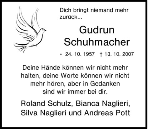 Traueranzeigen Von Gudrun Schuhmacher Trauer In Nrw De