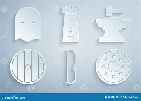 Set Medieval Bow Anvil For Blacksmithing Hammer Round Wooden Shield Castle Tower And