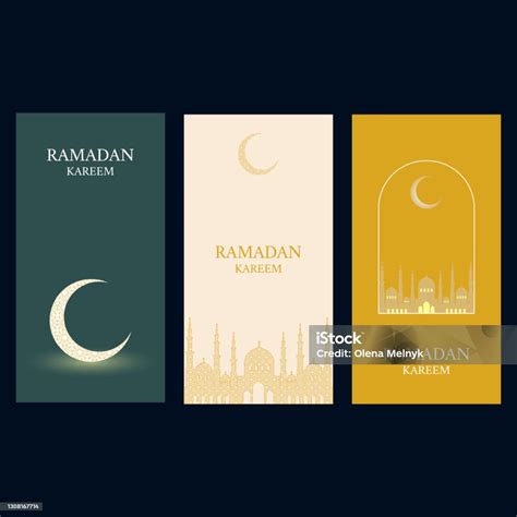 라마단 카림의 거룩한 달의 무슬림 축제 초승달과 모스크 돔 실루엣의 포스터 또는 초대 장 디자인 세트 벡터 그림입니다 Ramadan Kareem에 대한 스톡 벡터 아트 및