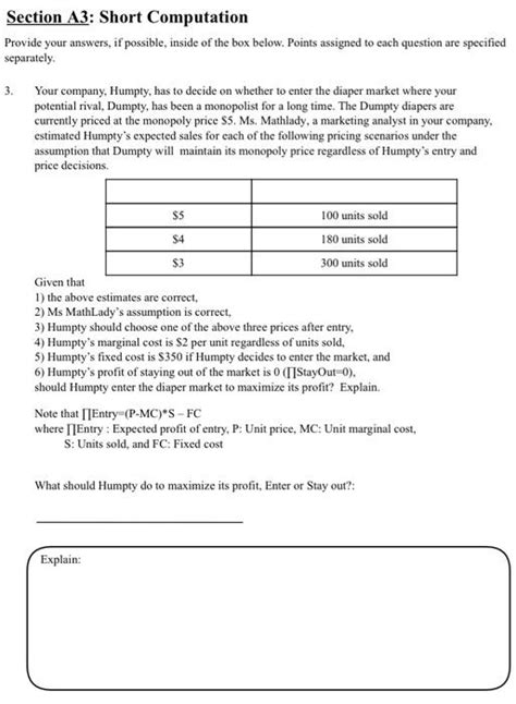 Section A3 Short Computation Provide Your Answers