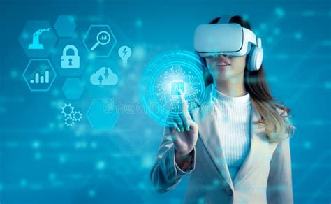 businesswoman wearing vr headset touching ai icon virtual data screen