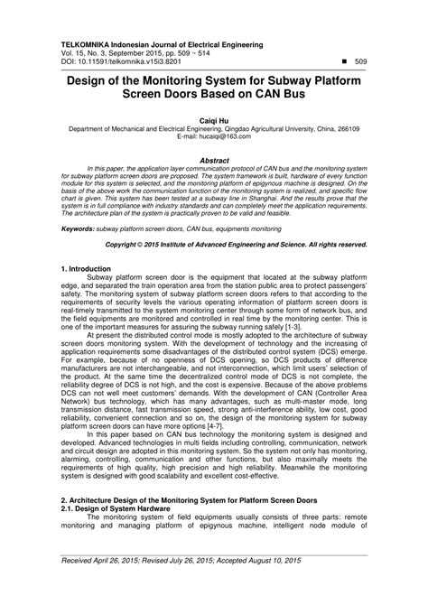 Pdf Design Of The Monitoring System For Subway Platform Screen Doors Based On Can Bus