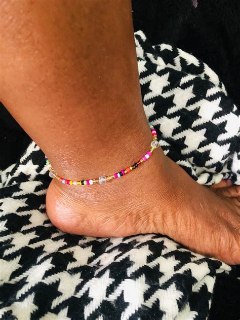 2 Beaded Anklets With Crystals Ankle Bracelet Elastic Beads Boho