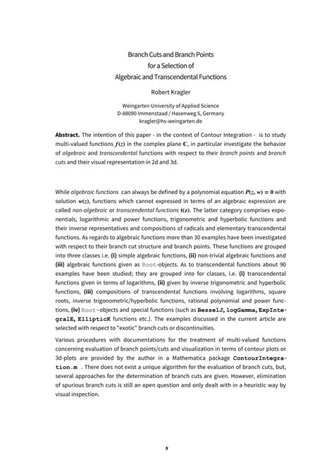 Pdf Branch Cuts And Branch Points For A Selection Of Algebraic And Transcendental Functions
