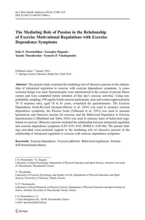 Pdf The Mediating Role Of Passion In The Relationship Of Exercise Motivational Regulations