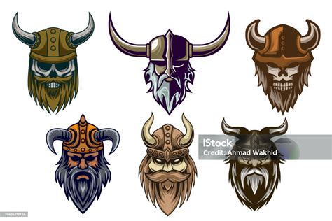 바이킹 마스코트 로고 바이킹 머리 노인과 두개골 마스코트 로고 디자인 세트 번들 벡터 일러스트 레이 션 바이킹에 대한 스톡 벡터 아트 및 기타 이미지 Istock