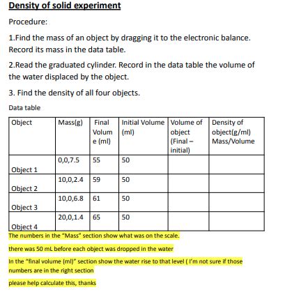Solved Density Of Solid ExperimentProcedure 1 Find The Mass Chegg Com