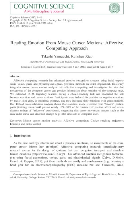 Pdf Reading Emotion From Mouse Cursor Motions Affective Computing